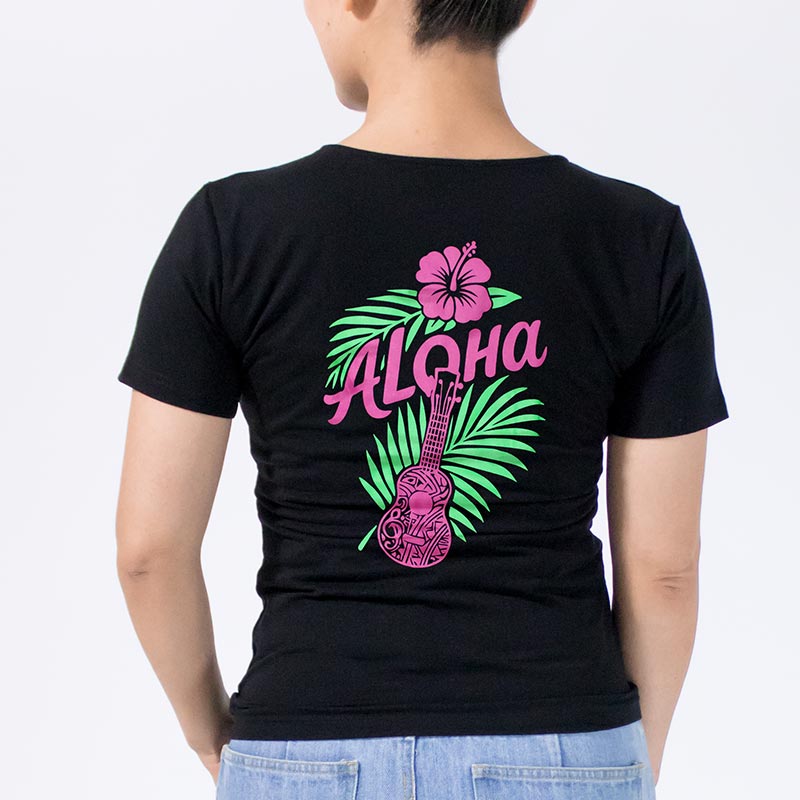 【楽天市場】フラダンスTシャツ−Uluwehi hawaii [ハイビスカ スウクレレ] ブラック レディース tsht ...