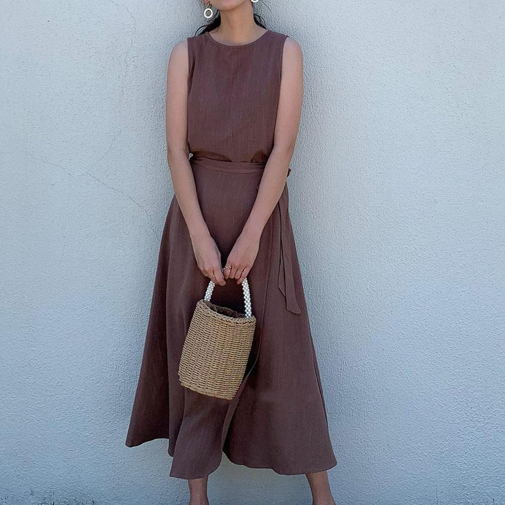 【楽天市場】送料無料 ワンピース レディース ノースリーブ ロング丈 マキシ丈 無地 クルーネック ウエストリボン 巻きスカート風 かわいい ...