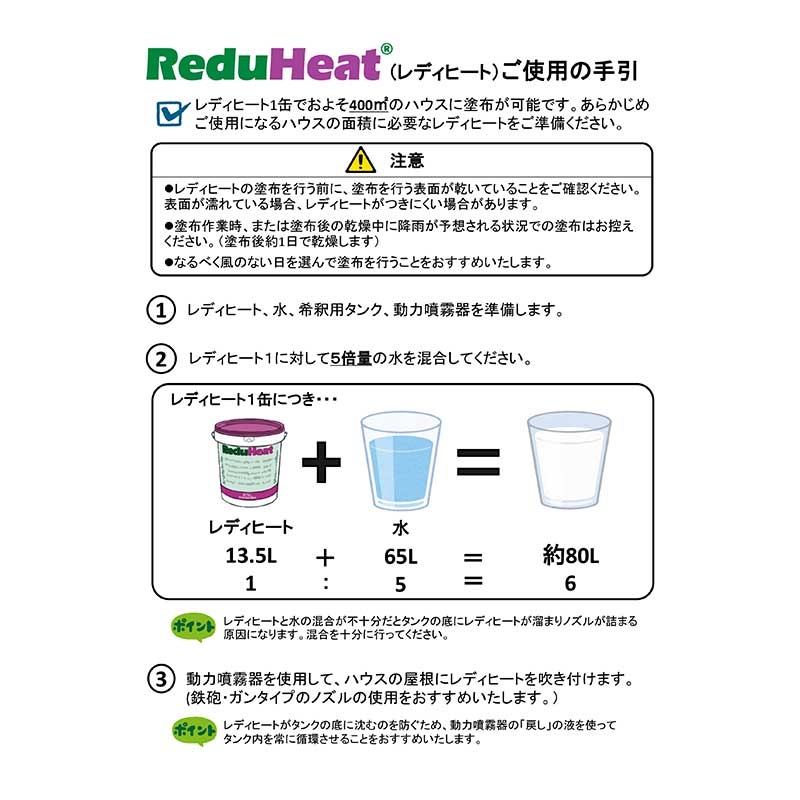 【楽天市場】ビニールハウス に塗る 遮熱 剤 レディヒート ReduHeat 15kg 塗布 カ施 代引不可：農業用品販売のプラスワイズ