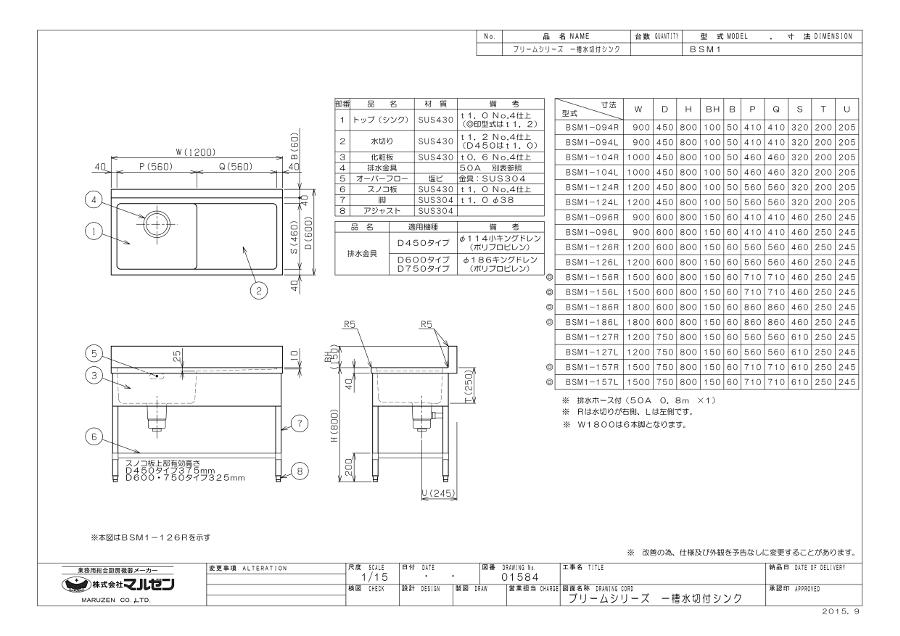 【楽天市場】マルゼン 1槽水切り付シンク BSM1-126R 流し台 ブリームシリーズ SUS430 右側水切り：プロストア