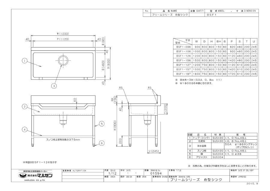 【楽天市場】マルゼン 舟型シンク BSF1-106 流し台 ブリームシリーズ SUS430：プロストア