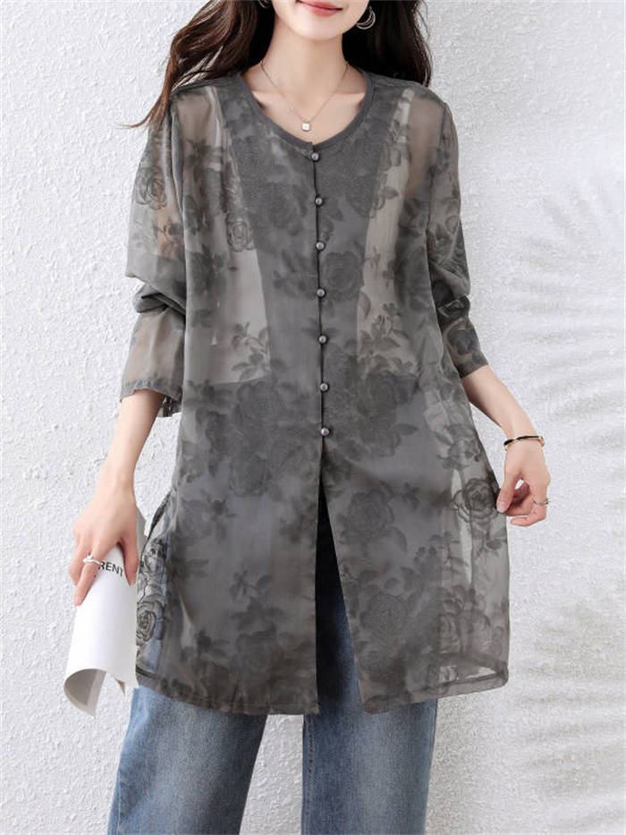 【楽天市場】シャツ 花柄 レディース 新作 長袖 レース 透け感 ジャカード Vネック トップス ブラウス デザイン感 ゆったり きれいめ お洒落 前開き 羽織り 大きいサイズ ボタン ...