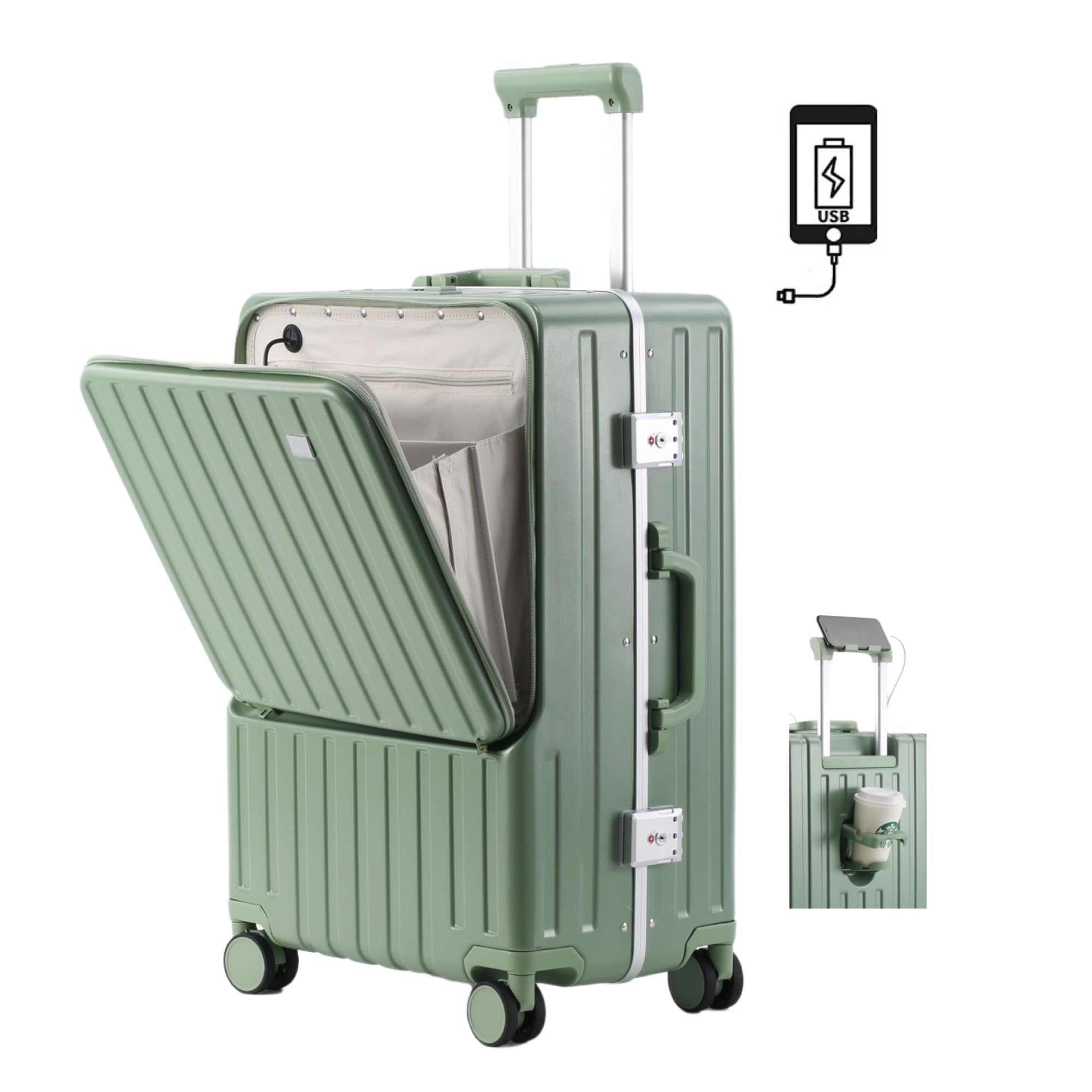 【楽天市場】[Yuweijie] スーツケース フロントオープン 機内持ち込み usbポート付き キャリーケース かわいいキャリーバッグ カップホルダー付き アルミフレームタイプ ハード ...