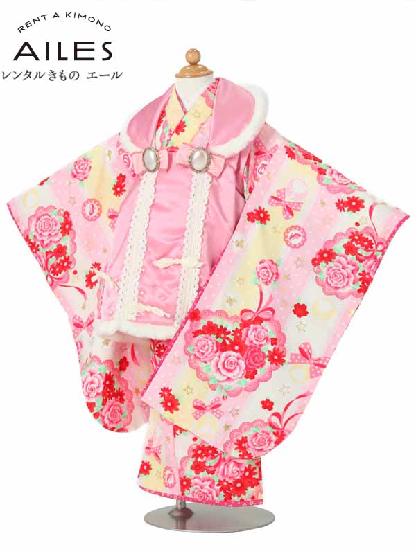 【楽天市場】七五三 【レンタル】七五三 女の子 3歳被布コートレンタル AP3080 黄 ピンク ハートとレース 女児 七五三被布 被布コート ...
