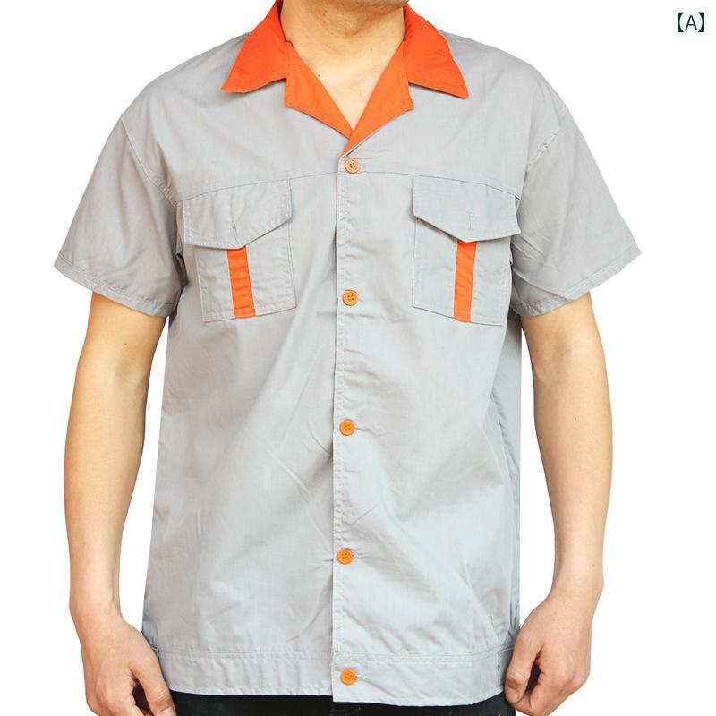 【楽天市場】作業着 メンズ ワーク 半袖 作業着 メンズトップス 夏服 ワークショップ 工場 服 労働 保護 自動車 修理 プリント ...