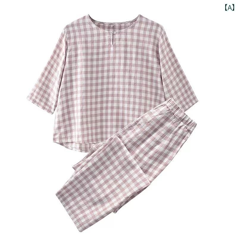 【楽天市場】パジャマ 上下 薄手 MUJI 和風 100 % リネン チェック 柄 七分袖 ズボン 家庭 服 スーツ 女性 カジュアル ホーム ...