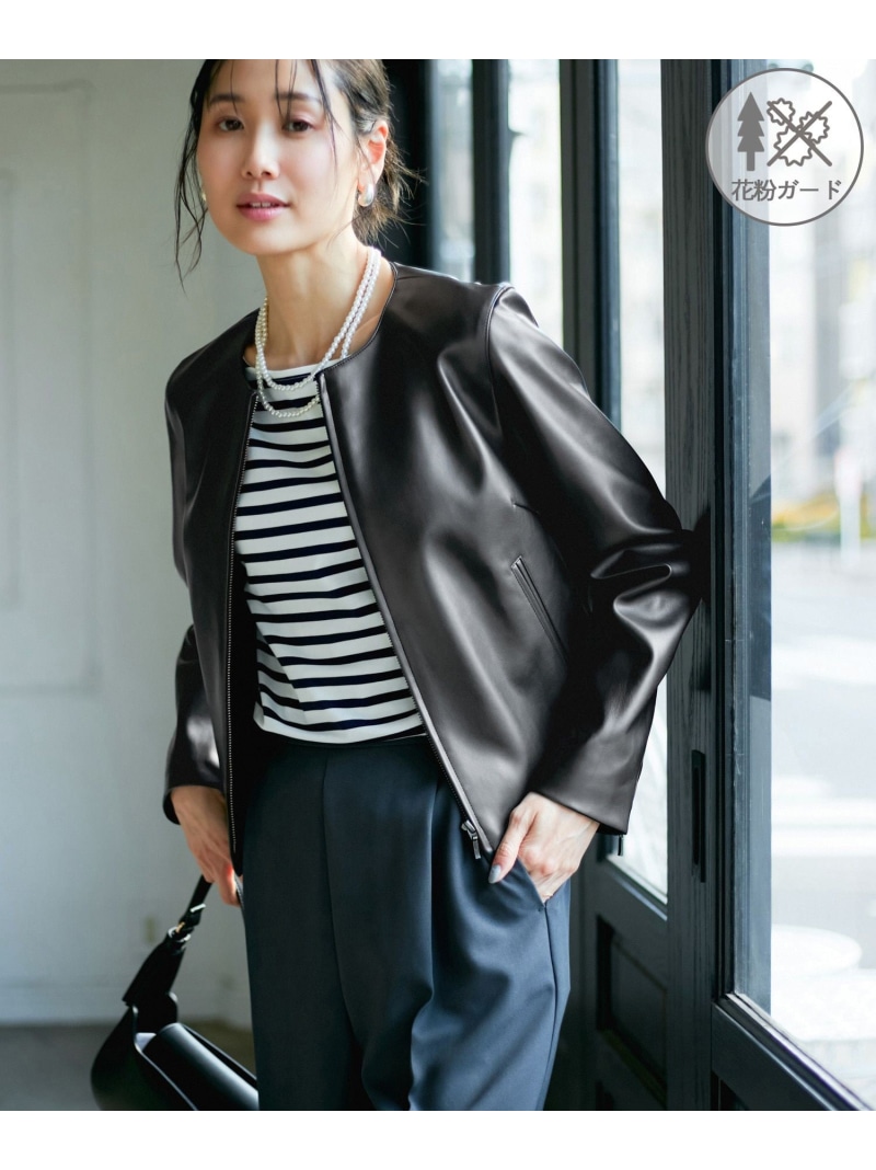 【楽天市場】【花粉ガード】シンセティックレザーノーカラージャケット ROPE' PICNIC ロペピクニック ジャケット・アウター ノーカラージャケット ベージュ ブラック【送料無料 ...