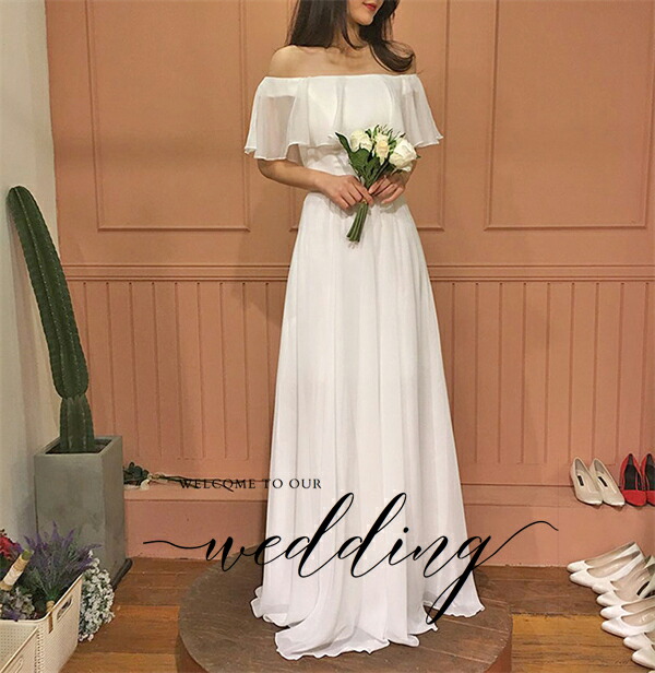 【楽天市場】ウエディングドレス フリル フォトウェディング オフショルダー リゾートウェディング ハネムーンフォト ガーデンフォト セルフ ...