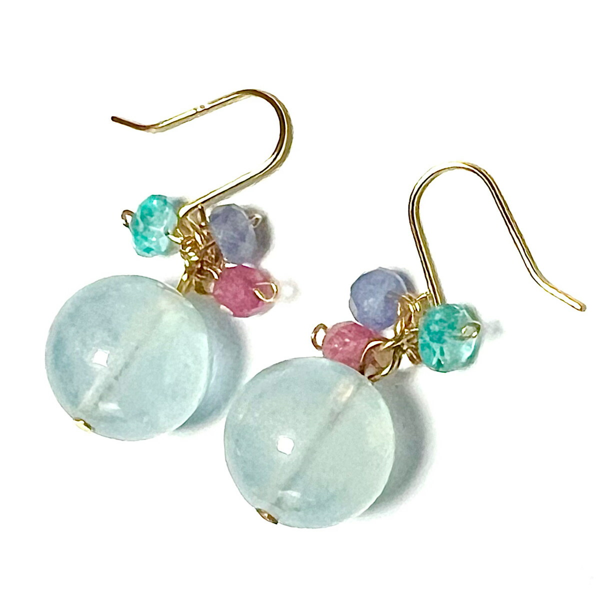 【楽天市場】【Rvaru】 K18 アクアマリン ピアス ピンクトルマリン タンザナイト ブーケタイプ フックピアス ベリル K18YG 18金イエローゴールド 揺れる アメリカン イヤリング ...