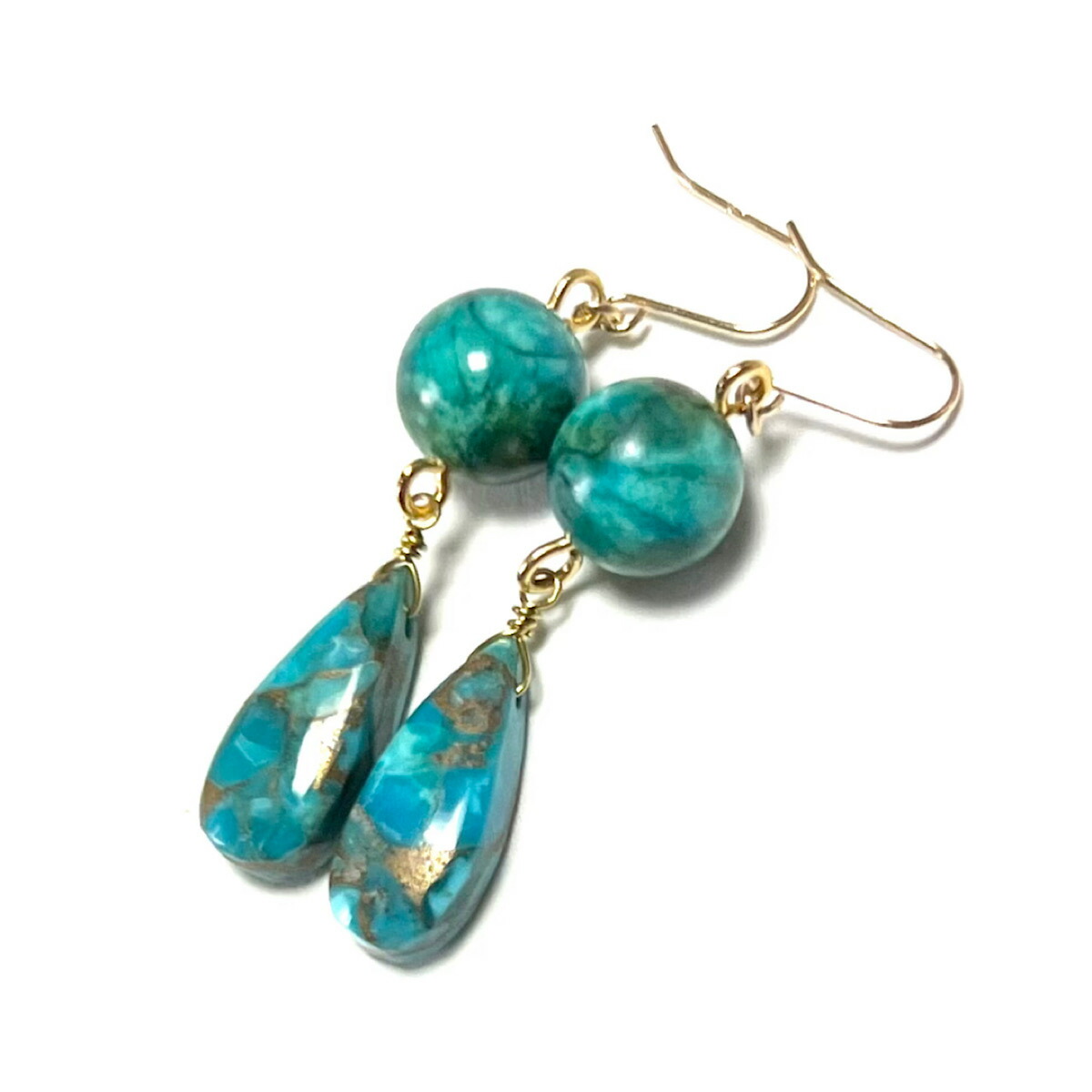 【楽天市場】【Rvaru】 K18 ブルーオパール ピアス アリゾナ産 ブルーコッパーターコイズ ドロップ フックピアス ロング K18YG 18金イエローゴールド アメリカン イヤリング ...