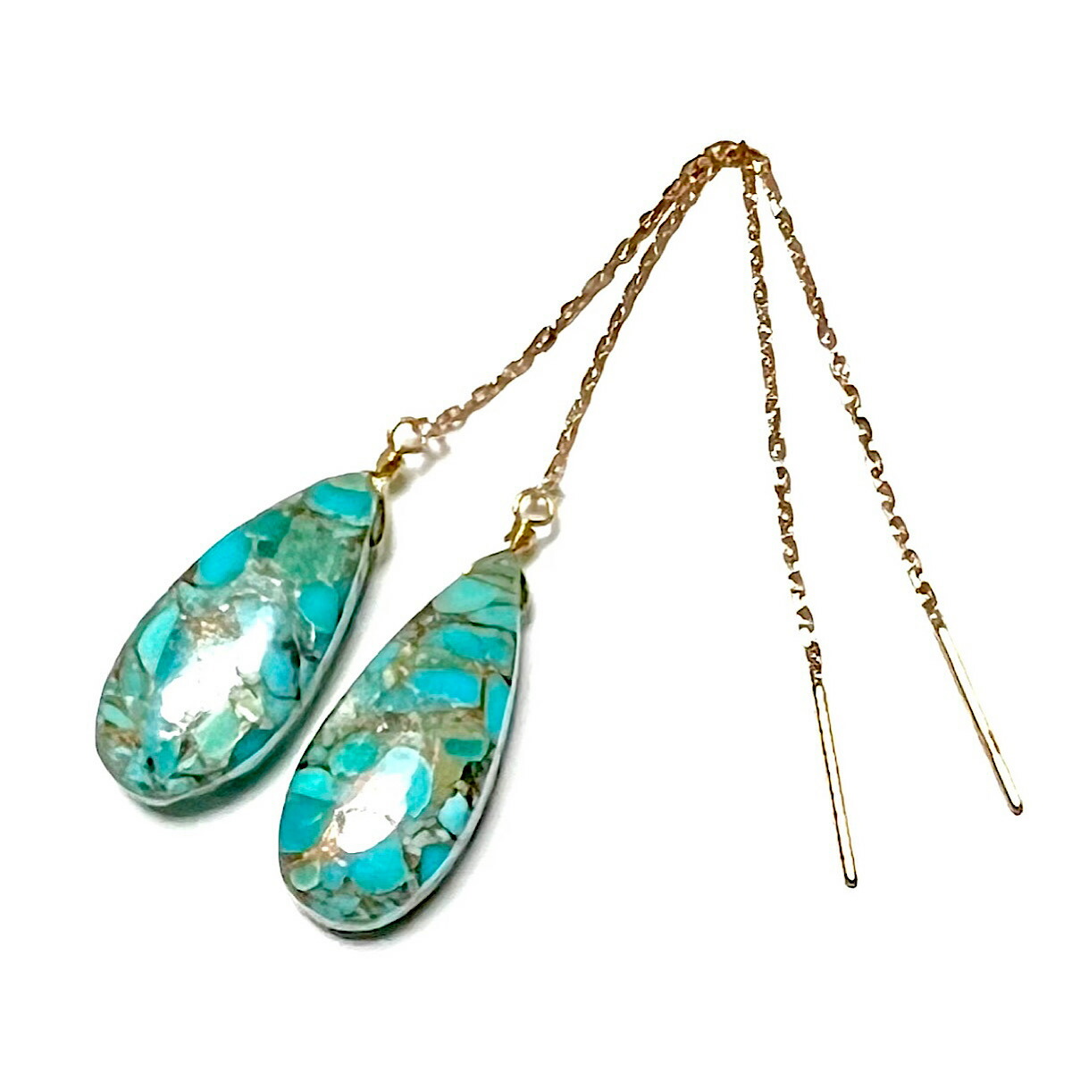 【楽天市場】【Rvaru】 K18 アリゾナ産 ブルーコッパー ターコイズ ピアス ドロップ アメリカンピアス 4面ダイヤカットアズキチェーン K18YG 18金イエローゴールド チェーン ...