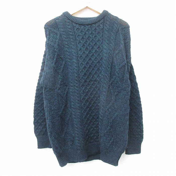 【楽天市場】【中古】古着 長袖 アラン フィッシャーマン ケーブル セーター メンズ 90年代 90s ウール クルーネック 丸首 緑系 ...