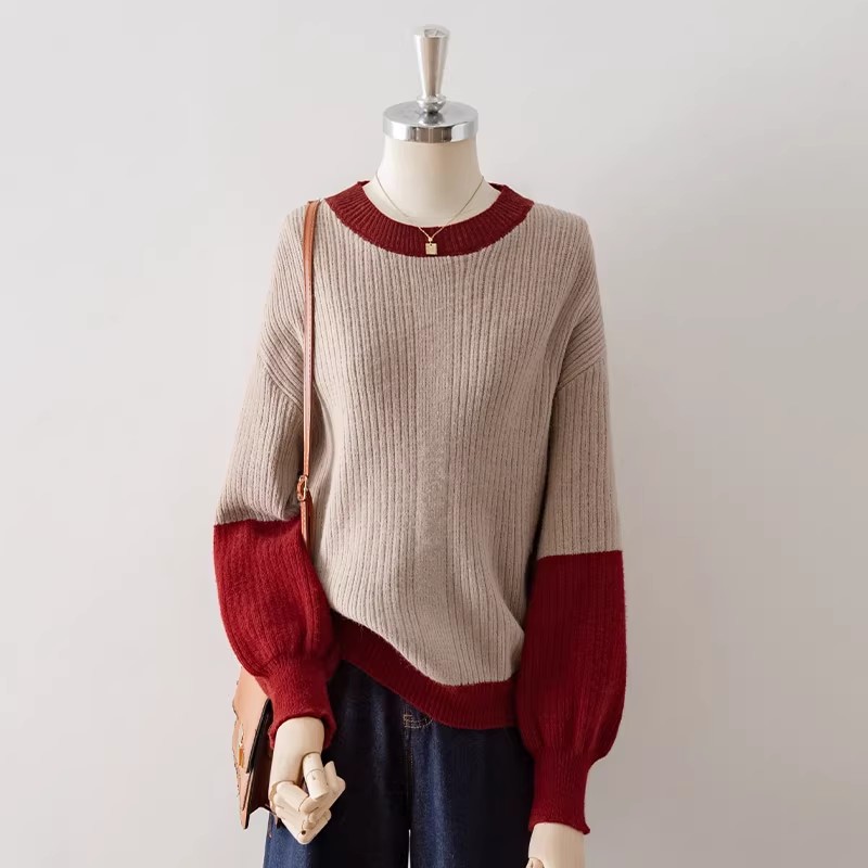 【楽天市場】ニット レディース トップス ニットウエア セーター 長袖 長そで 丸首 クルーネック 秋 冬 バイカラー ニットプルオーバー ...