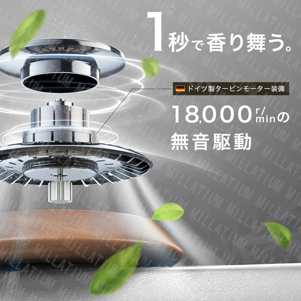 【楽天ランキング5冠達成】車 芳香剤 MILLATIUM ミラティウム MLT20 カーフレグランス 車用芳香剤 アロマディフューザー カーディフューザー 木製ソーラー回転 充電不要 静音設計 GTR