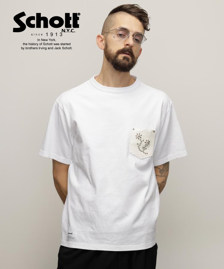 【楽天市場】★SALE|Schott/ショット 公式通販 |T-SHIRT FLOWER STUDDED LEATHER POCKET /フラワースタッヅ レザーポケットTシャツ ※セール品に ...