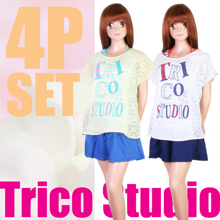 【楽天市場】(パケット便送料無料)Trico Studio（トリコスタジオ）ガールズ・切り替えレースT 布帛パンツ付き4P（ジュニア水着）0550：Sealass