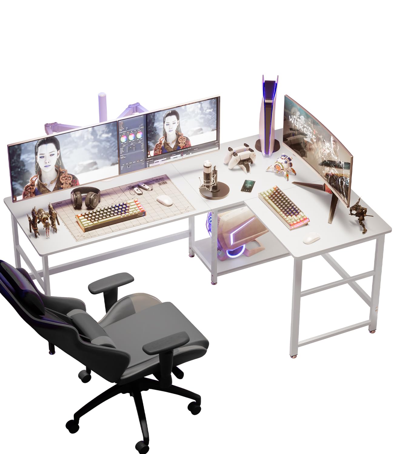 【楽天市場】DEWEL パソコンデスク l字 ゲーミングデスク 幅180+120cm 奥行60cm 2段収納棚付き 左右交換設置可 PCデスク オフィスデスク 高さ72cm テレワーク 超 ...