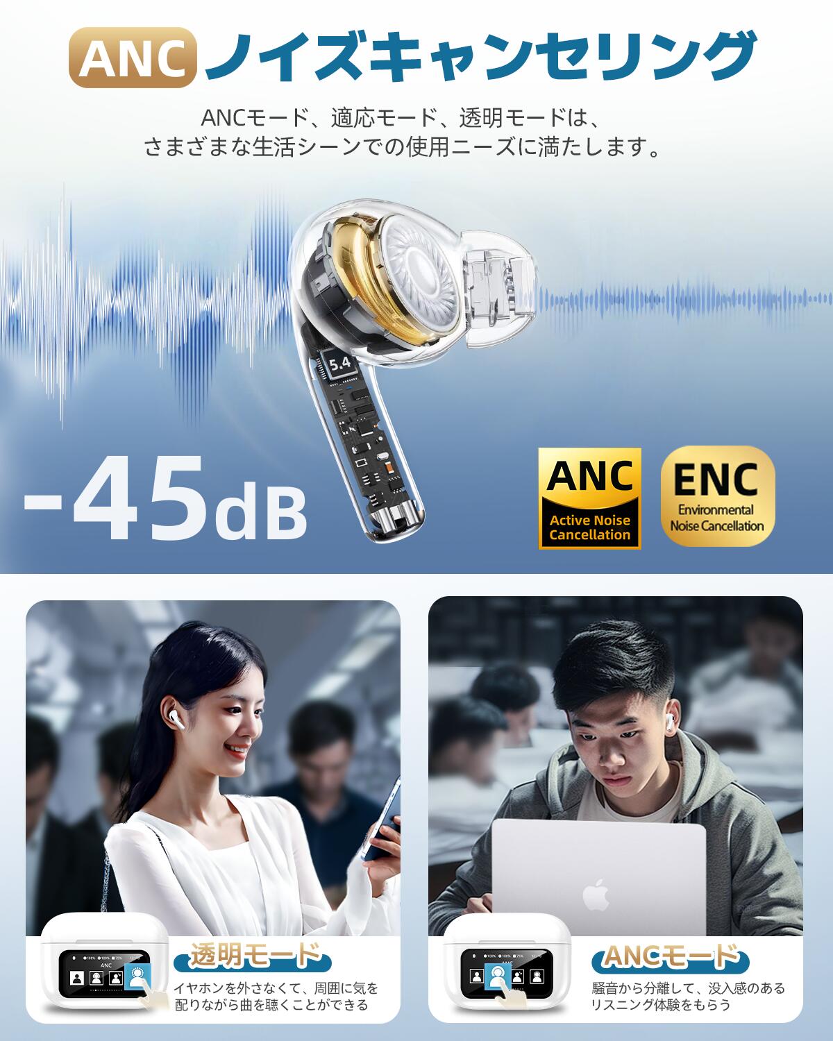 ANC対応・液晶付きイヤホン\1000円OFFクーポンで1,999円／ワイヤレスイヤホン【2025年最新型・多機能タッチスクリーン】イヤホン ...