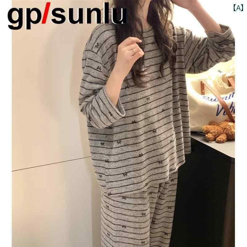 【楽天市場】パジャマ セット スウェット GP 綿 起毛 パジャマ レディース 春秋冬 厚手 暖かい シンプル ストライプリボン ホームウェア ...