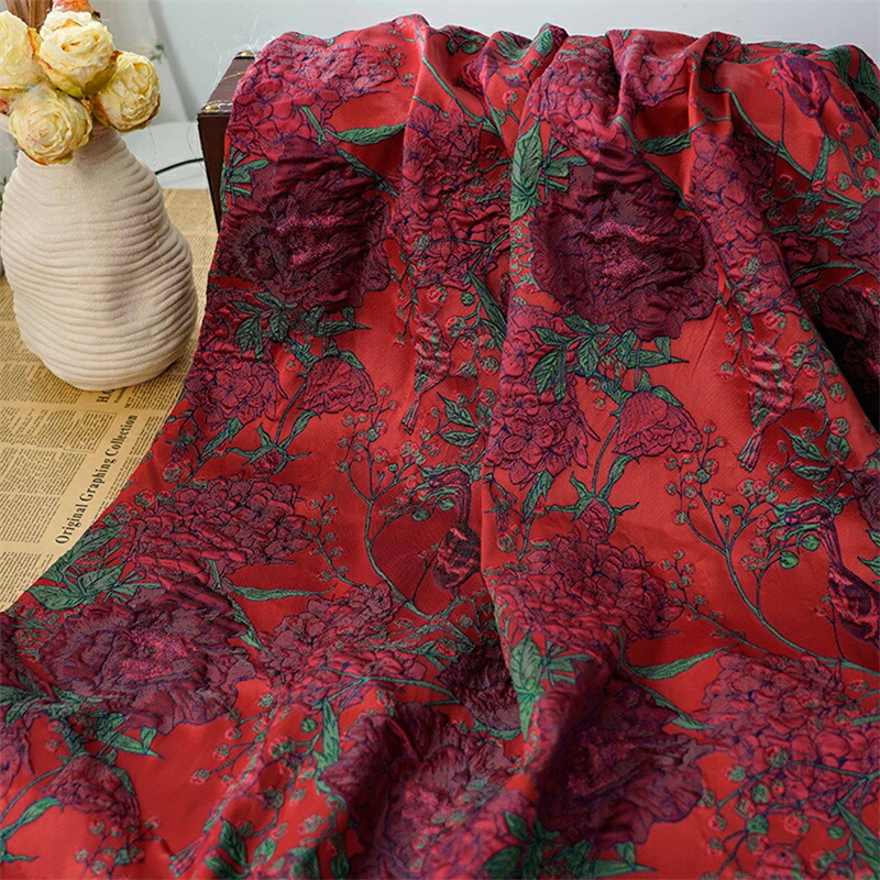 【楽天市場】送料無料 135cm幅 90cm単位 ジャカード生地 エンボス生地 生地 布 布地 服生地 色織り 花鳥柄 レッド 楽天海外通販 ...