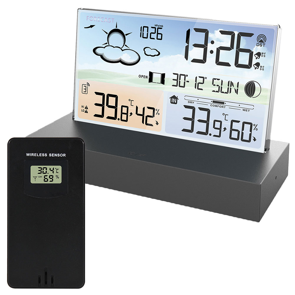 【楽天市場】多機能 ワイヤレス 温湿度計 置き時計 温度計 室内 室外 気圧 天気予報 デジタル 時計 アラーム スヌーズ 日付表示 自宅 学校 外部 遠隔 温度 ALW-F3396C ...