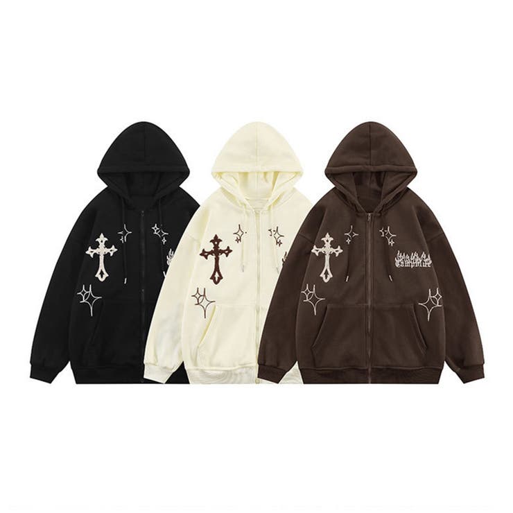 【楽天市場】HOOK 【HOOK】クロスと炎刺繍ジップパーカー ストリート系 ロンT スウェット メンズ レディース 韓国ファッション 長袖 ...