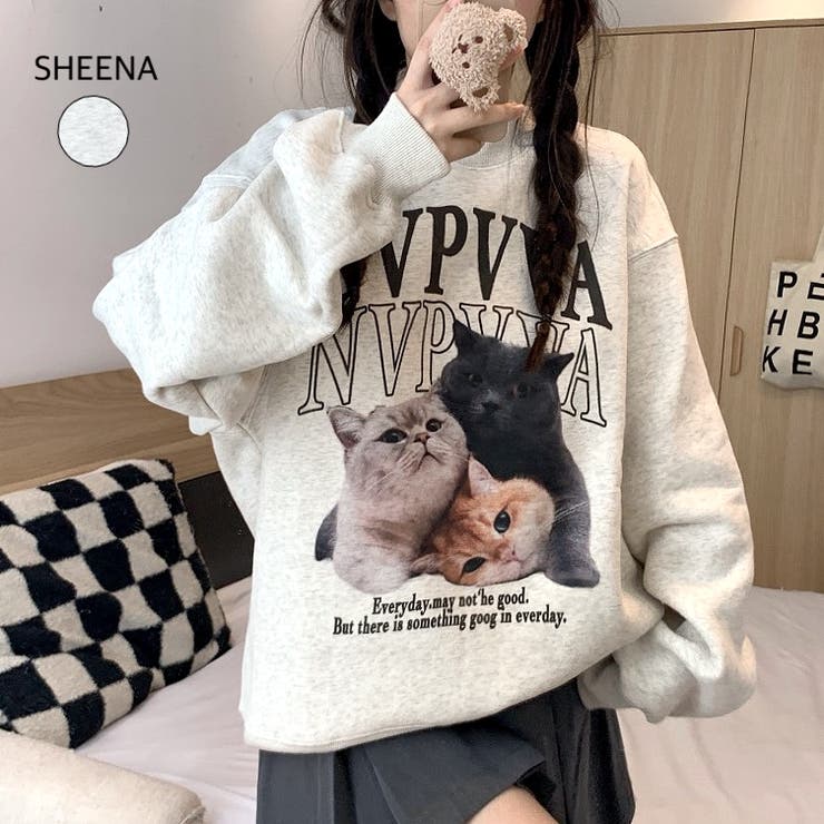 【楽天市場】SHEENA CATプリントオーバーサイズスウェットトレーナー 秋 冬 秋服 冬服 長袖 トップス 裏起毛 ゆったり 体型カバー ...