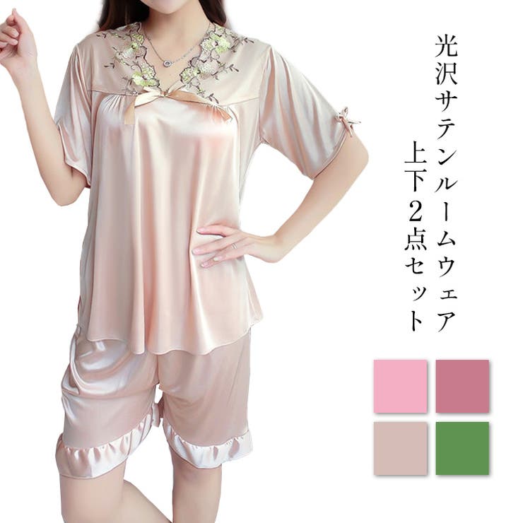 【楽天市場】candy-house レディース ルームウェア 上下2点セット 半袖トップス 半ズボン ショートパンツ ペチパンツ インナー トップス 部屋着 パジャマ ナイトウェア 光沢 ...