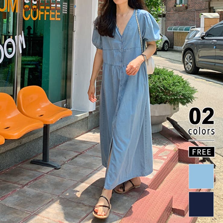 【楽天市場】COCOMOMO デニムワンピース vネックワンピース パフスリーブ デニム ワンピース 半袖 ロング vネック デニムワンピース レディース マキシ ロングワンピース カジュアル ...