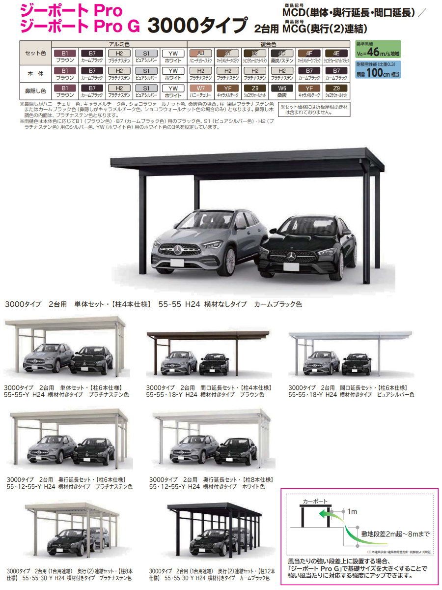 【楽天市場】カーポート 2台用 YKK YKKap ジーポート Pro 3000タイプ 単体柱4本 55-55 H25 横材なし 木調色 明かり取りなし MCD（単体・奥行延長・間口延長 ...