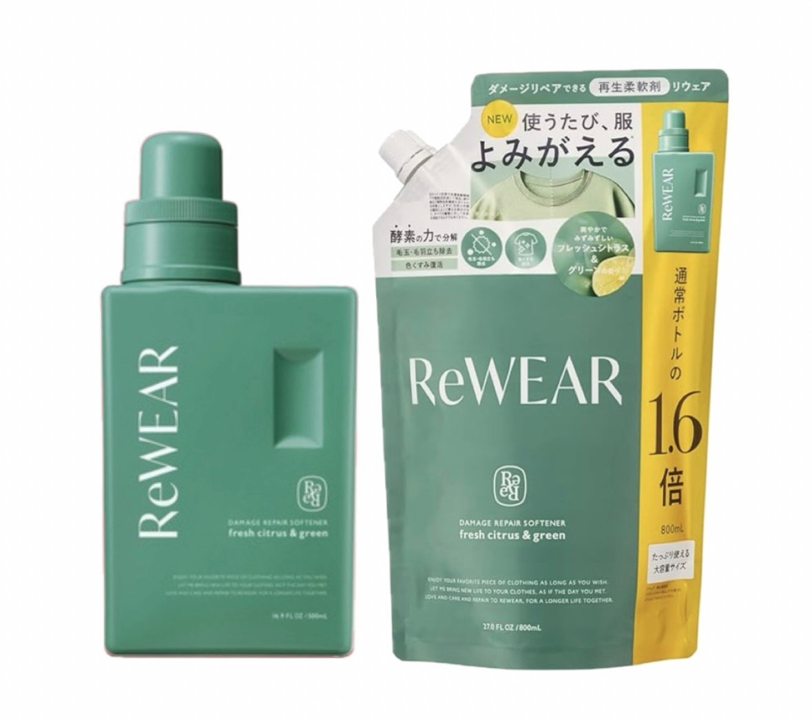 【楽天市場】【セット】ReWEAR(リウェア)再生柔軟剤 フレッシュシトラス＆グリーン ボトル1本(500ml)＋詰め替え1袋(800ml) セット 神奈川倉庫：S＆Kグループ