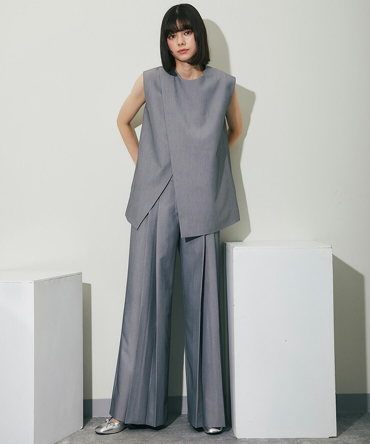 【楽天市場】バックジップ アシンメトリー ジレ ＆ プリーツ ワイドパンツ セット ロング オフィス フォーマル ママスーツ 体型カバー 入学 ...