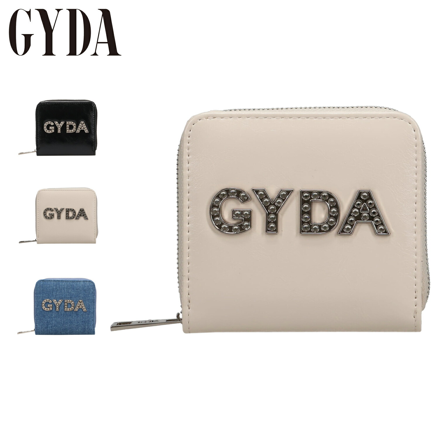 【楽天市場】GYDA ジェイダ 財布 二つ折り レディース ラウンドファスナー ラインストーンロゴ ブラック アイボリー ブルー 黒 GY-W291：スニークオンラインショップ