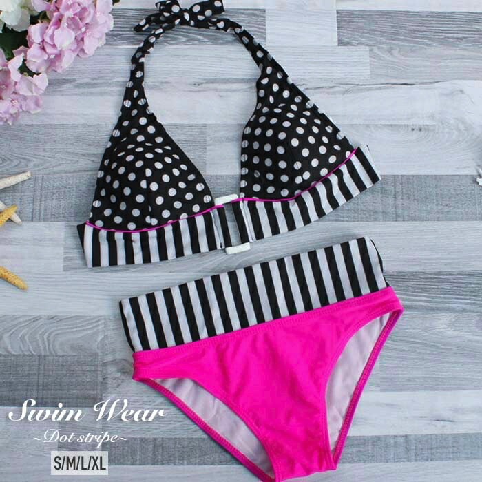 【楽天市場】水着 ビキニ リボン バックシャン ドットストライプ 柄 水玉 モノトーン レディース セクシー パッド SMLXL：sno. 楽天市場店
