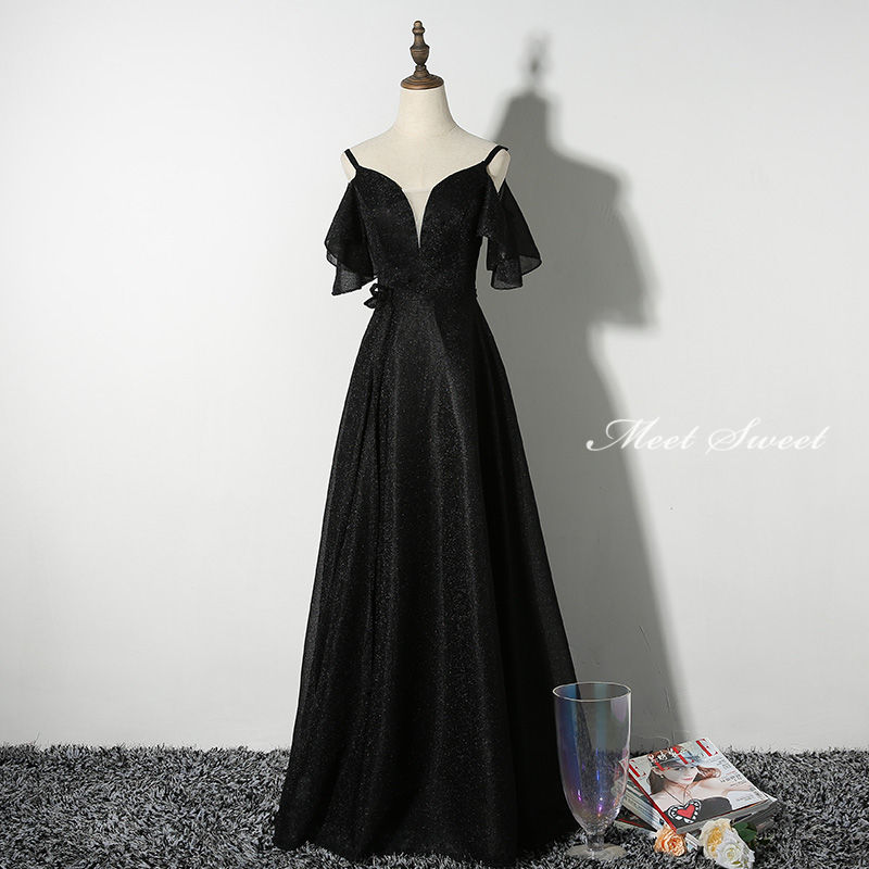 楽天市場】カラードレス ブラック 半袖 黒 スパンコール ロングドレス