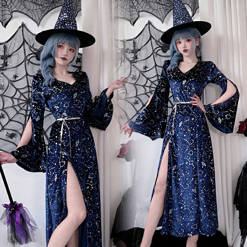 【楽天市場】ハロウィン 魔女 魔法使い 魔法少女 ワンピース 帽子 ロイヤルブルー 星柄 紺色 ネイビー 長袖 スリット ベルベット セクシー ...