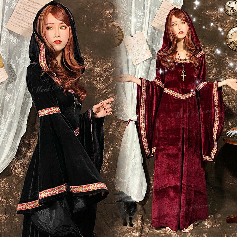 【楽天市場】ハロウィン 魔女 魔法使い ウィッチ 妖女 美魔女 ブラック ワインレッド コスプレ 大人用 仮装 ハロウィンコスプレ 主役 衣装 ...