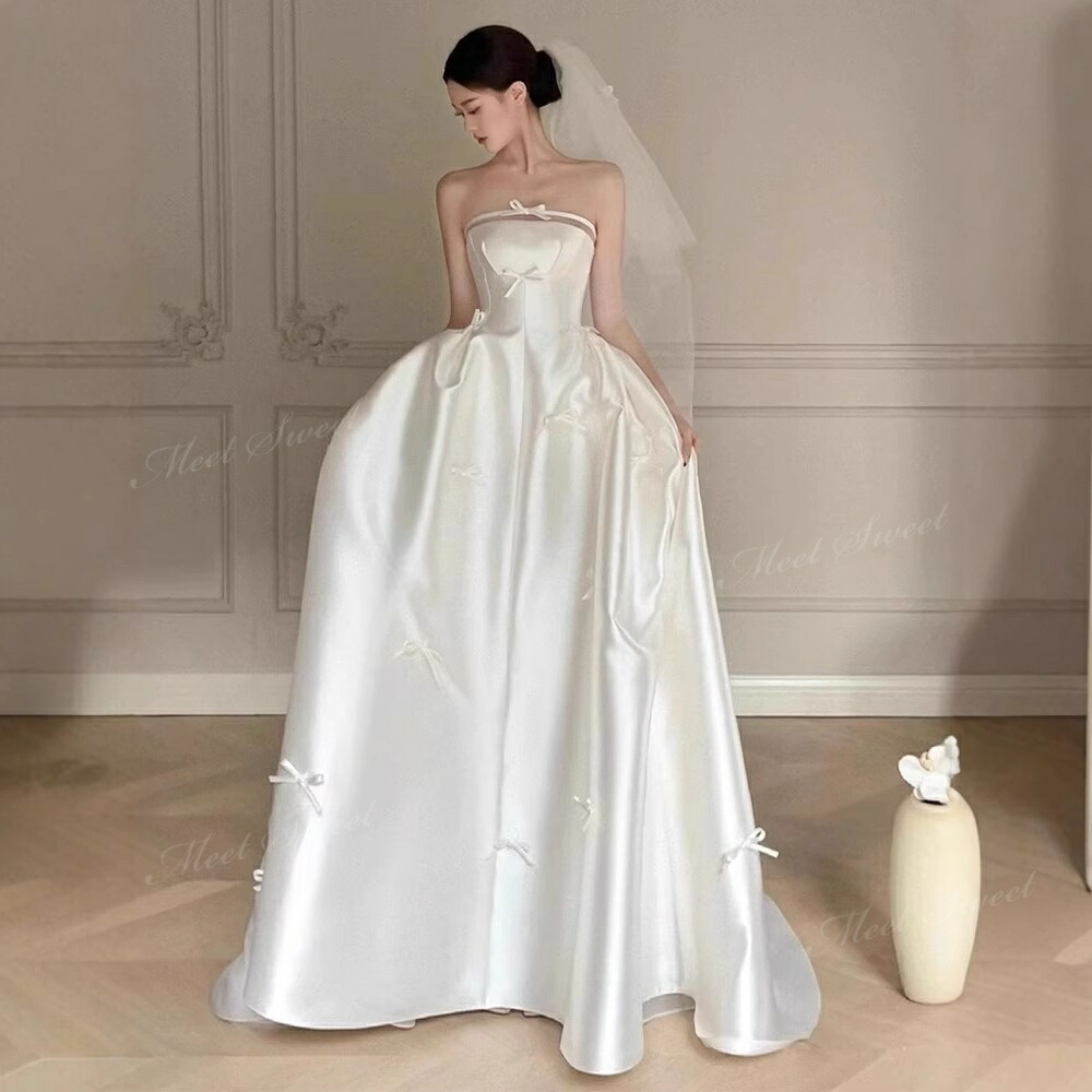 【楽天市場】ウェディングドレス 可愛いリボン サテンドレス Aライン ロング かわいい ドレス 二次会 結婚式 披露宴 前撮り 後撮り 発表会 ...