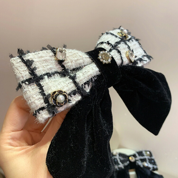 【楽天市場】\2点10％OFF、3点20%OFF COUPON／リボン バレッタ 全2色 ツイード風 ベロア チェック柄 ビジュー パール ヘアアクセサリー デイリー 大きめ 黒 結婚式 ...