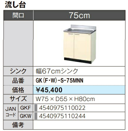 【楽天市場】LIXIL リクシル 流し台 セクショナルキッチン GKシリーズ 木製キャビネット GK(F/W)-S-75SMNN W75×D55×H80 メーカー直送便にてのお届けです ご連絡 ...