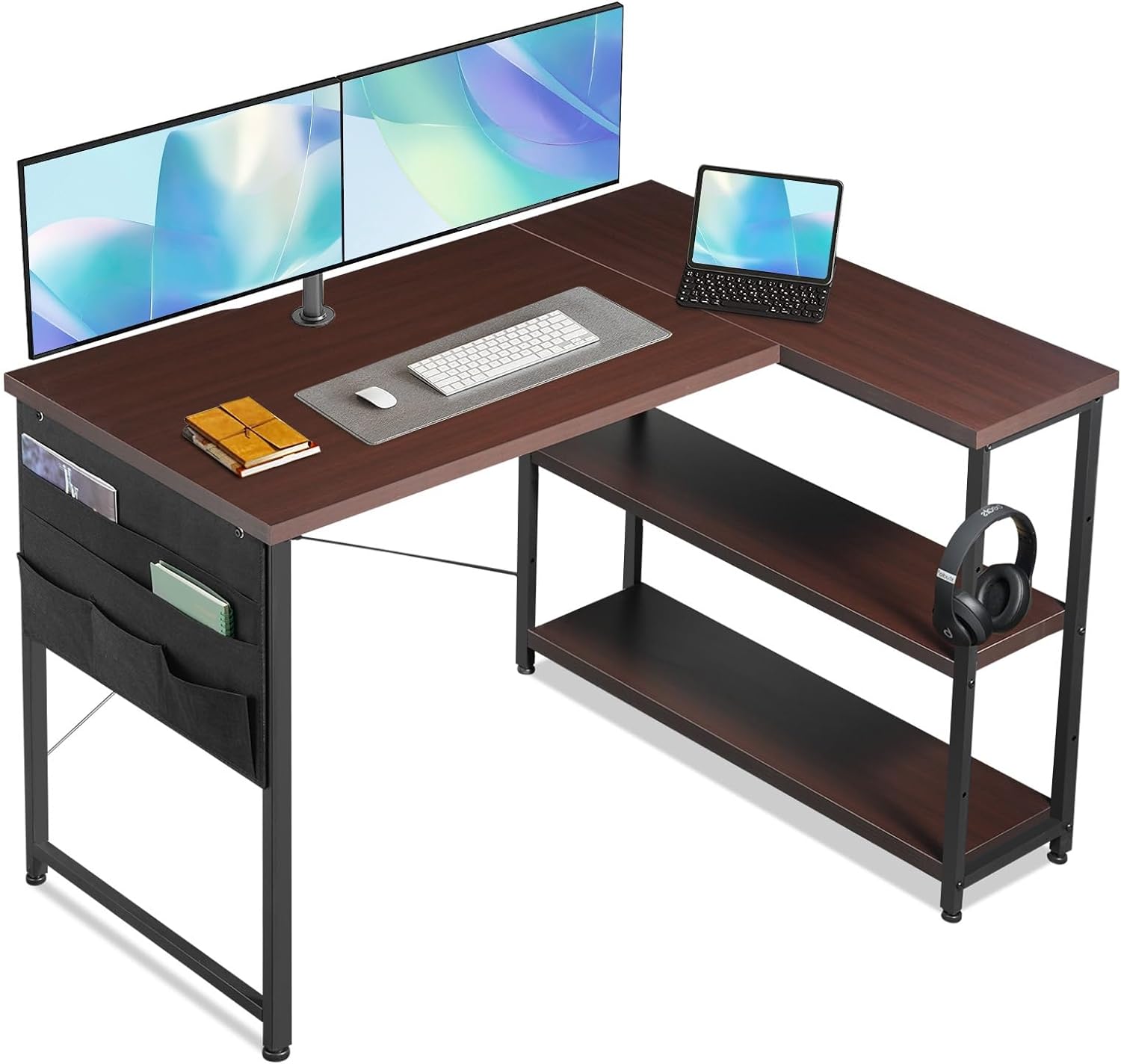 【楽天市場】YeTom デスク l字デスク 机 pcデスク右棚左棚 幅107cm 勉強机 作業机 ワークデスク computer desk 学習机 収納袋付きパソコンデスク コーナーデスク ...