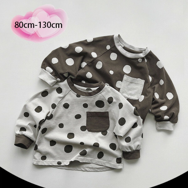【楽天市場】韓国子供服 水玉柄 tシャツ 春秋 無地 長袖 Tシャツ綿100% ユニセックス 男の子 女の子 ドット柄 tシャツ 全2色 普段 ...
