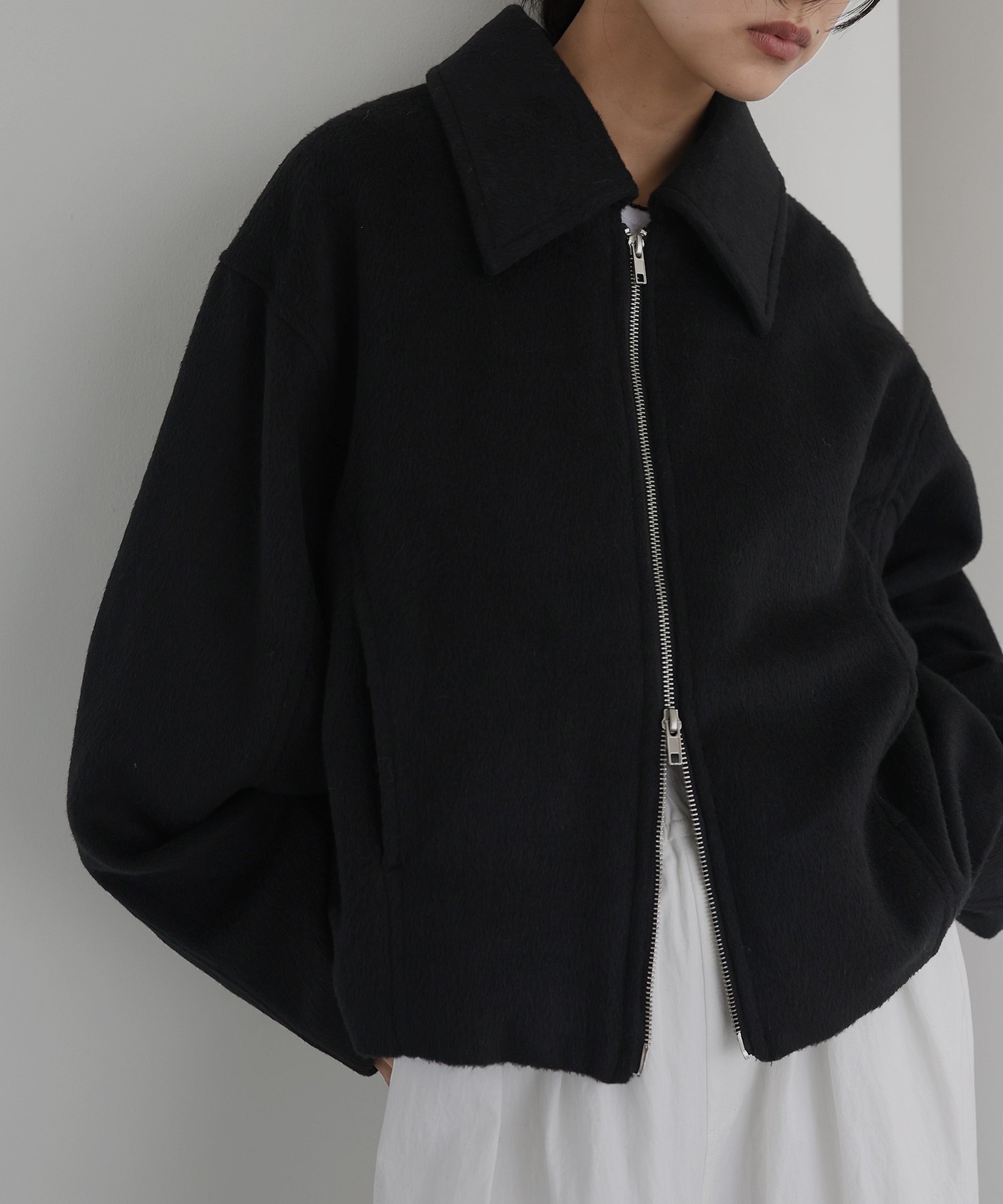 hellam フェイクビーバー ショート丈Wジップブルゾン へラム ジャケット・アウター ブルゾン・ジャンパー ベージュ グレー ホワイト ブラック【送料無料】