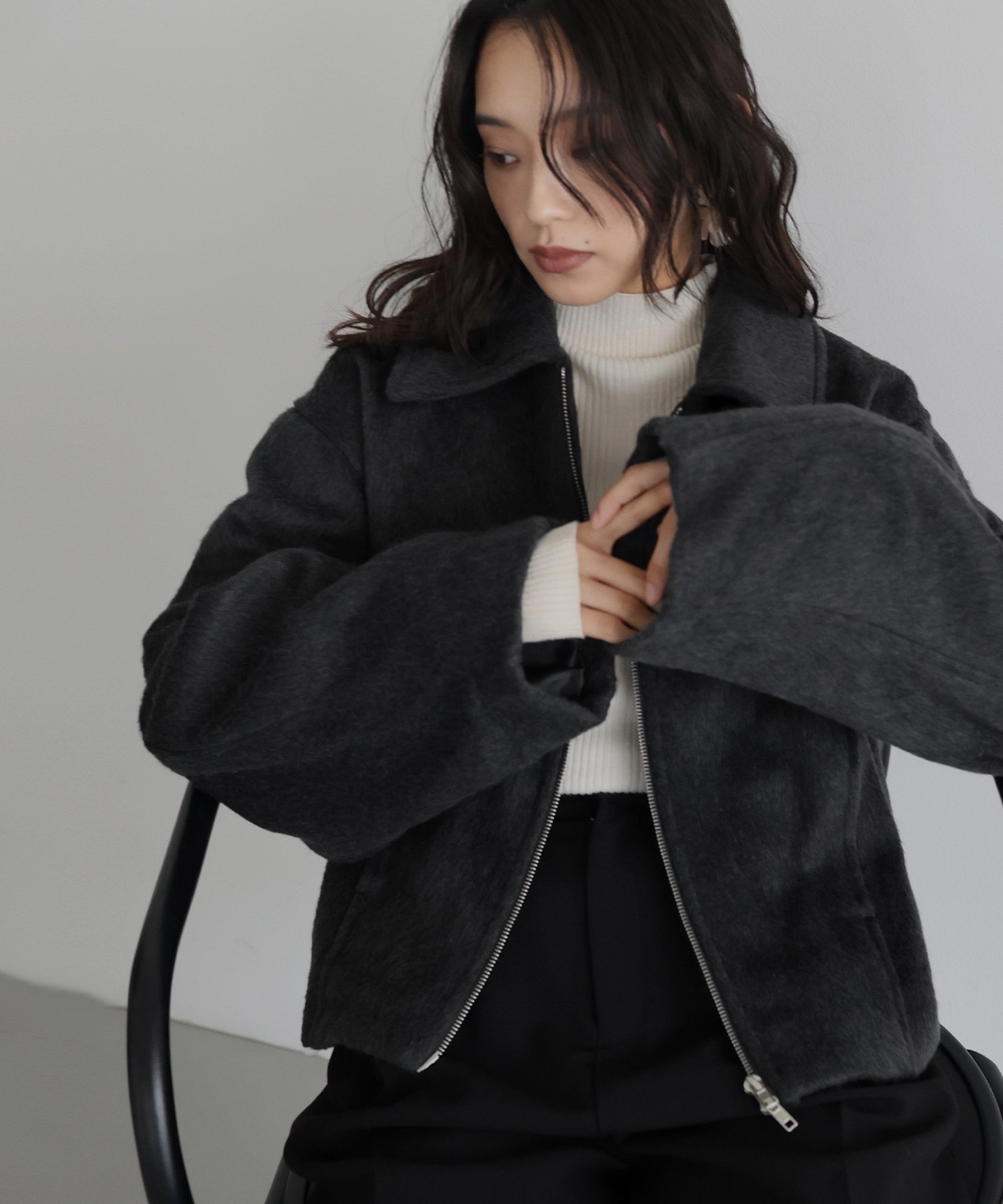 hellam フェイクビーバー ショート丈Wジップブルゾン へラム ジャケット・アウター ブルゾン・ジャンパー ベージュ グレー ホワイト ブラック【送料無料】