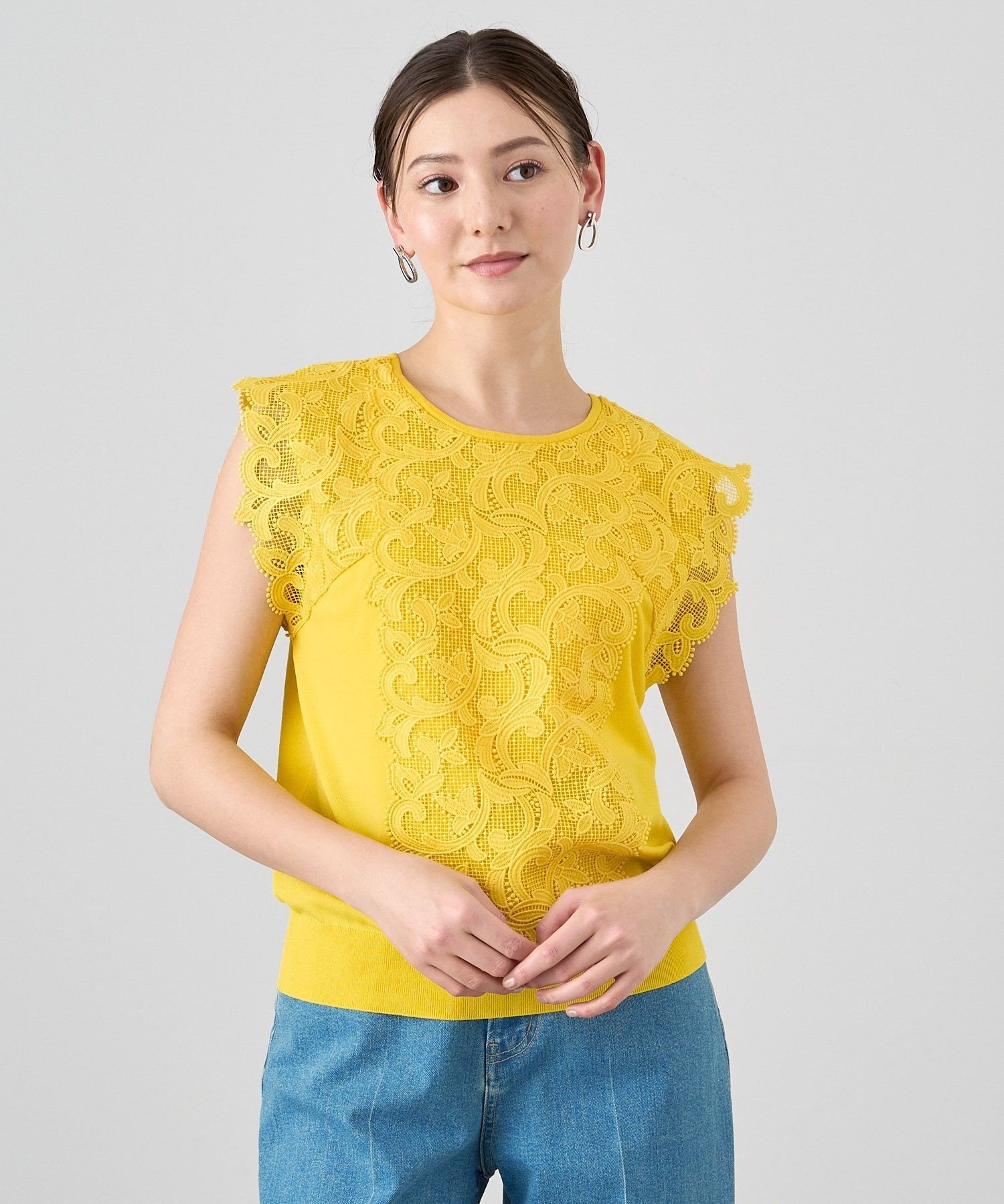 【SALE／50%OFF】ANAYI レースレイヤードニット プルオーバー アナイ トップス ニット ホワイト ブラック イエロー ベージュ【送料無料】