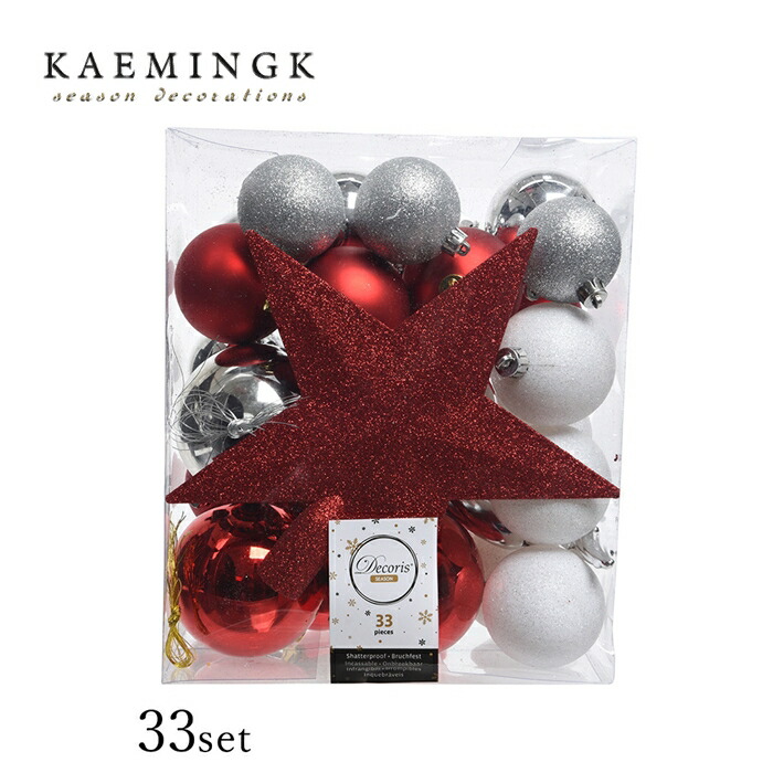 【楽天市場】KAEMINGK(カイミング)オランダ直輸入 デコレーションボール セット トップスター付き シャイニー マット グリッター MIX レッド×ホワイト 33個入 クリスマスツリー ...