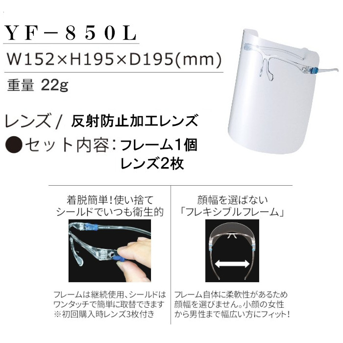 【楽天市場】山本光学 フェイスシールド 反射防止 医療用 日本製 眼鏡型 メガネ めがね グラスシールド フェイスガード YAMAMOTO YF-850L 軽量 眼鏡の上から シールド交換可能 ...