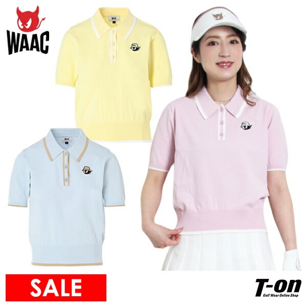 【楽天市場】【30％OFF SALE】ワック WAAC 日本正規品 レディース ポロシャツ 半袖 ニットポロ サマーニット クロップドトップス 配色ライン ロゴワッペン 【送料無料】 ゴルフ ...