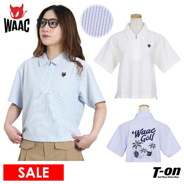 【楽天市場】【30％OFF SALE】ワック WAAC 日本正規品 レディース ポロシャツ 半袖 ハーフジップシャツ 吸水速乾 ストレッチ サッカー素材 ストライプ柄 バックロゴプリント ...