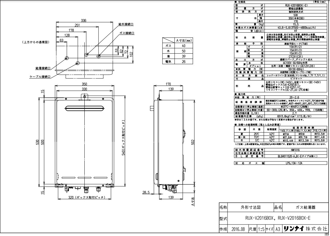 【楽天市場】ﾘﾝﾅｲ ｶﾞｽ給湯 給湯専用 RUX-Vｼﾘｰｽﾞ :RUX-V2016BOX-E (23-1797)∴∴：たね葉